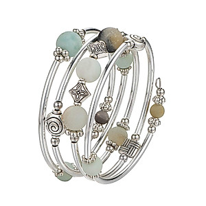 Beaded Pearl Bangle Wrap Bracelet - Fashion Bohemian Jewelry Multilayer Charm Bracelet with Thick Silver Metal Beads, Gift For Women (Green)