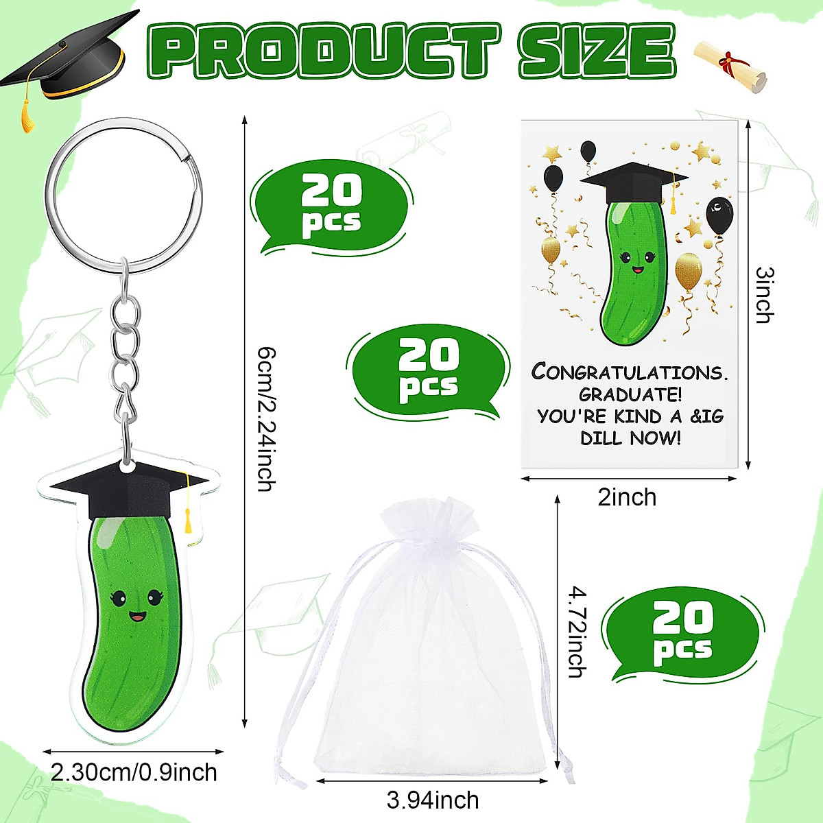 JaGely 20 Sets 2024 Graduation Gifts Graduation Inspirational Positive Pickle Keychains Emotional Support Keychains Bulk Positive Cucumber Pickle with Funny Card and Card Bags for Student School Party
