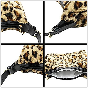 RARITYUS Women Plush Leopard Cow Print Underarm Bag Fashion Faux Fur Tote Bag Clutch Handbag with PU Strap