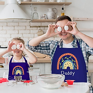 Party-rainday Customized 2 Pack Parent-Child Aprons, Matching Family Apron Set, Adjustable Father Son Mummy Daughter Cooking Apron, Rainbow Chef Bib Aprons with Pockets(Blue)