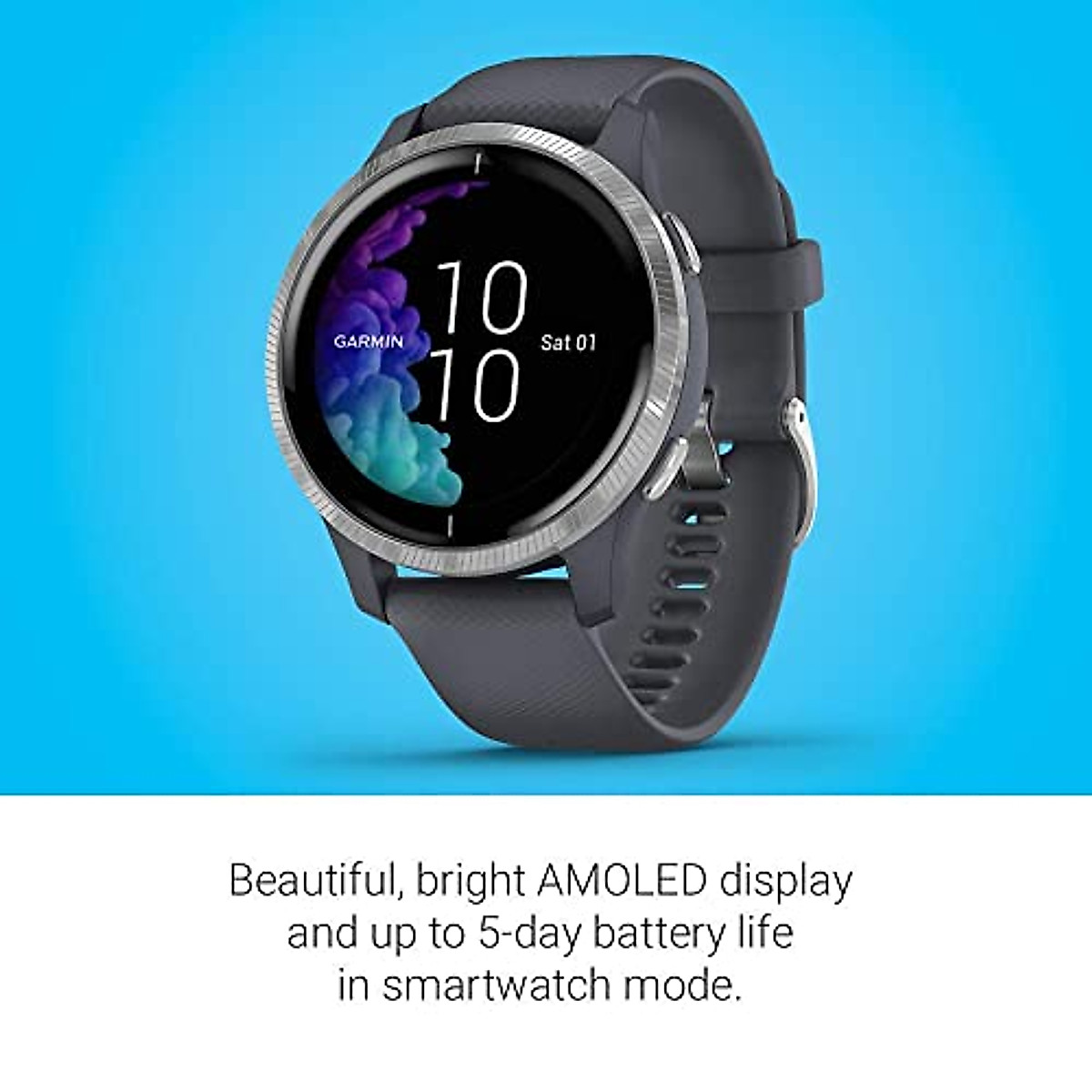 Garmin Venu, GPS Smartwatch with Bright Touchscreen Display, Features Music, Body Energy Monitoring, Animated Workouts, Pulse Ox Sensor and More, Silver with Dark Gray Band (Renewed)