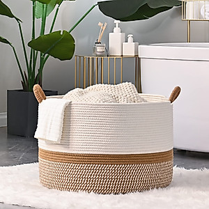 KAKAMAY Large Blanket Basket (20"x13"),Woven Baskets for storage Baby Laundry Hamper, Cotton Rope Blanket Basket for Living Room, Laundry, Nursery, Pillows, Baby Toy chest (White/Brown)