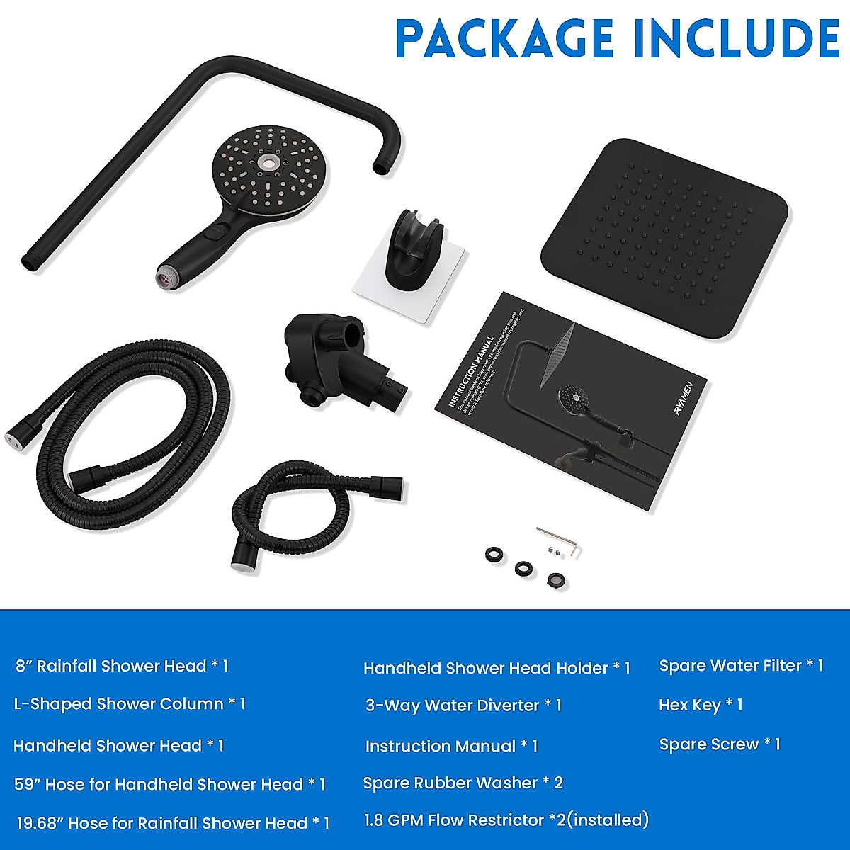 Ryamen Dual Shower Head Combo, Black 8'' High Pressure Rain/Rainfall Shower Head,5 Settings Adjustable Handheld Showers,with 15" Height Adjustable Slide Bar,Holder/59’‘ Hose