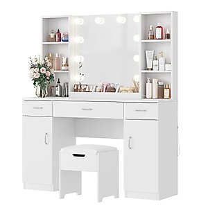 Vabches Vanity with Lighted Mirror, Large Vanity Desk Makeup Vanity Table Set with Comfortable Bench and Side Cabinets, Lots Storage, 45.2inch, White