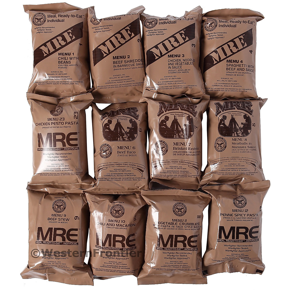 MRE A-Menu Case, 2018 Inspection Date Military Meal-Ready-to-Eat. Case of 12 Genuine US Military Surplus MREs with A Case Menu Selections.