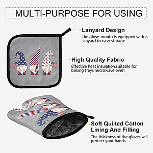 Exnundod America Flag Gnomes Oven Mitts Pot Holders Set,Memorial Day 4Th of July Patriotic Hot Pads&Gloves 2pcs for Kitchen Cookware Cooking BBQ Baking Bakeware Sets