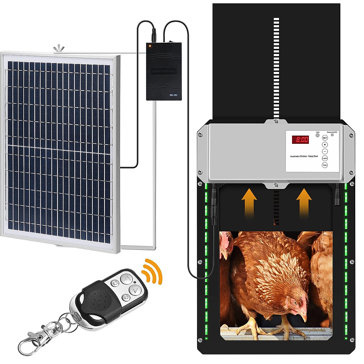 Automatic Chicken Coop Door with Solar Panel, Solar Powered Chicken Coop Door with Timer and Light Sensor, Weatherproof Full Aluminum Chicken Door, Auto Chicken Door Opener for Home Farms