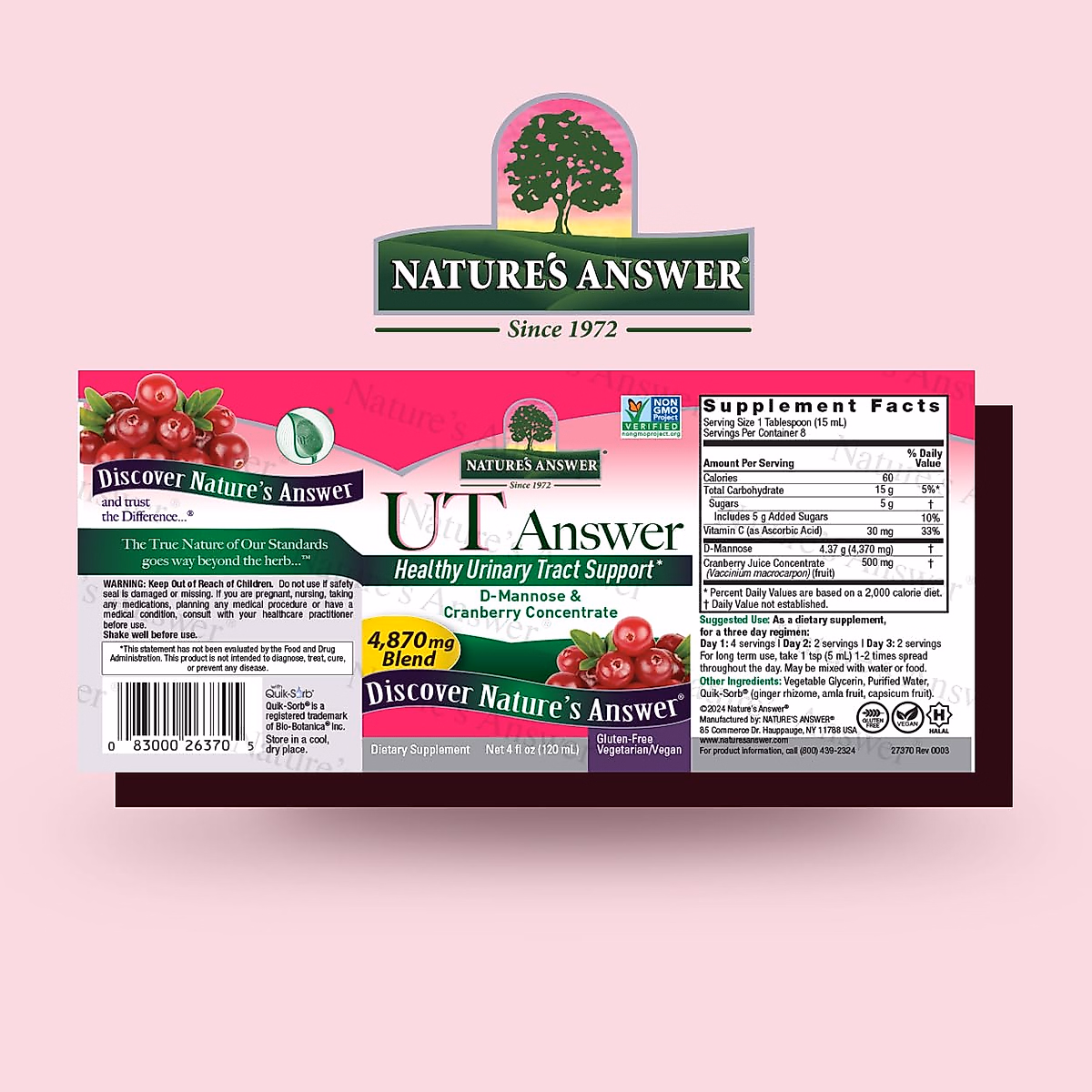 Nature's Answer UT Answer | Urinary Tract System Support | Cranberry Flavor Dietary Supplement | Alcohol-Free, Gluten-Free, Not Tested on Animals & Vegan 4oz