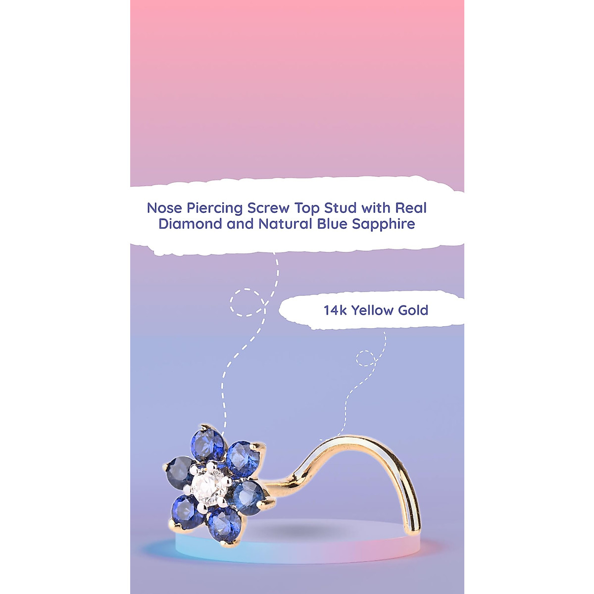 Demira Jewels 14K Yellow Gold Nose Piercing Wire Setting Stud with Real Diamond and Natural Blue Sapphire Flower – Elegant Wedding Nose Ring, Stunning Bridal Nose Jewelry.