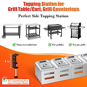 Pizza Topping Station Stainless Steel, 6 Seasoning Containers with Lid, Condiment Tray for Prepping Toppings, Pizza Oven Accessories, Grill Table Cart Topping Station, C-Clamp for Different Tabletop