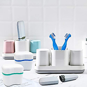 Denture Case Kit, 2 Denture Bath Cups with 2 Denture Brush & 2 Portable Toothbrush Box, Denture Brush Retainer Bath with Lid, Retainer Cleaning Denture Boxes, Toothbrush Kit for Travel