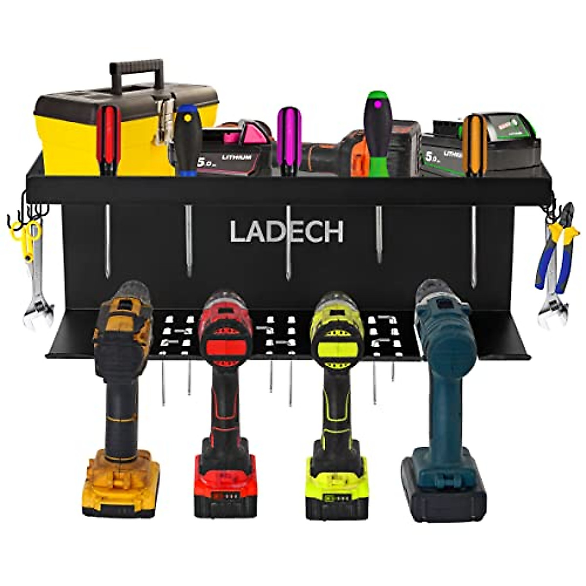 LADECH Cordless Drill Tool Organizer - Drill holder storage wall mount shelf rack and charging station to optimize garage organization and power tool storage (Drill holder & Shelf)