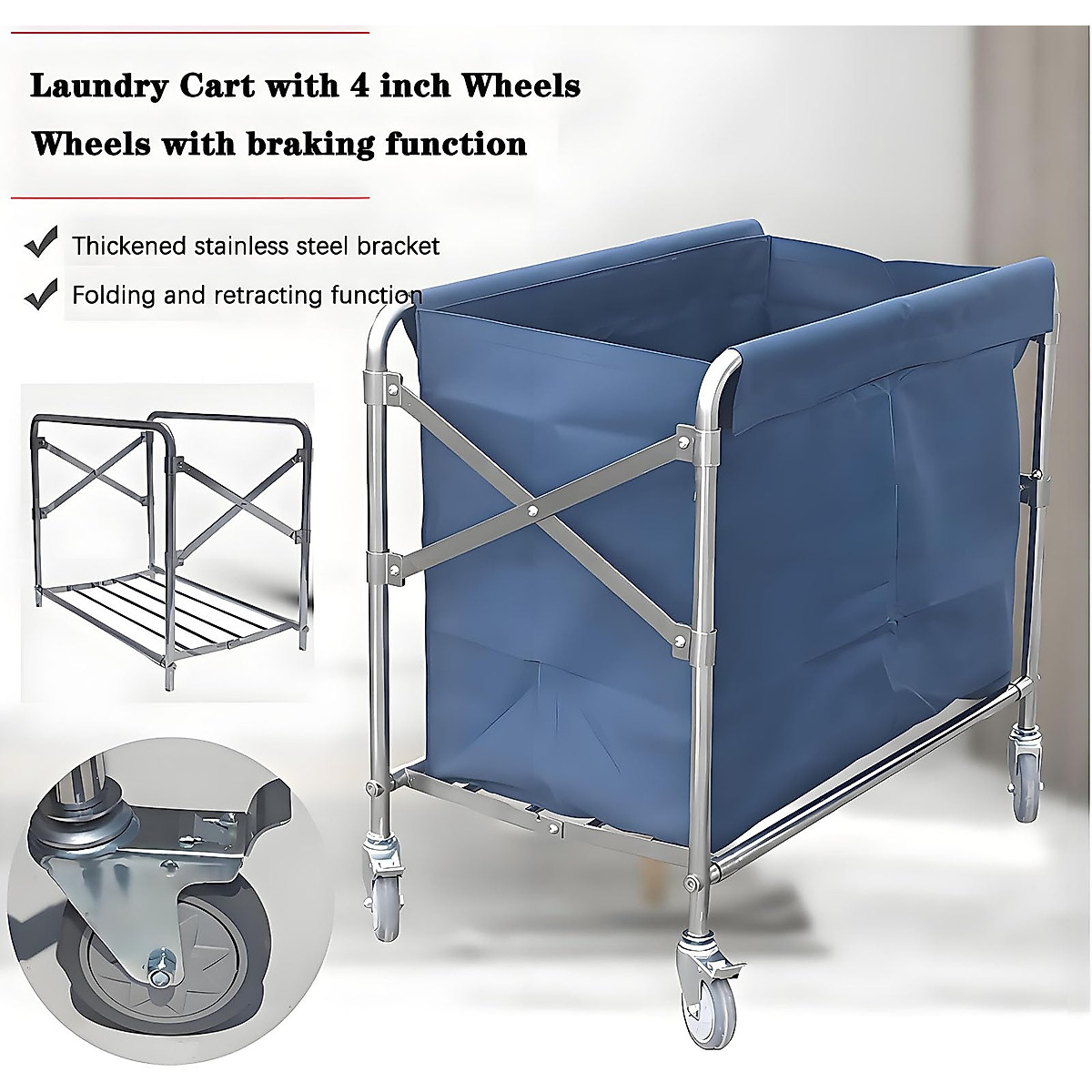 Collapsible Laundry Cart with Wheels Commercial 12 Bushel Folding Laundry Basket, Heavy Duty Rolling Laundry Hamper with Removable Waterproof Oxford Bag and Reinforced Steel Frame, 330 lbs Load ﻿