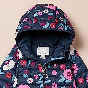 Amazon Essentials Girls' Lightweight Water-Resistant Packable Hooded Puffer Jacket, Navy Floral, Large