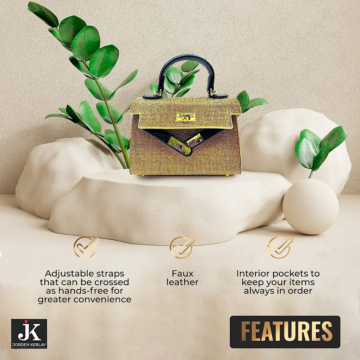 JORDEN KERLAY Small tote bag/Handbag for Women | Gold Clutch bag Shoulder Bag Top-handle bag | Designer aesthetic gold bag for women