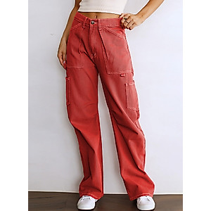 Dokotoo Red Pants Women Straight Leg Jeans for Women Trendy Baggy Y2K Holiday Party Beach Outfits for Women 2024 Womens Fashion Womens Clothes Clothing Pants
