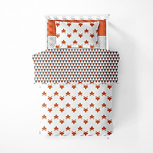 Bacati Playful Foxs 4 Piece Neutral Toddler Bedding Set, Orange/Grey 100 Percent Cotton Includes Reversible Comforter, Fitted Sheet, Top Sheet, and Pillow Case for Boys/Girls