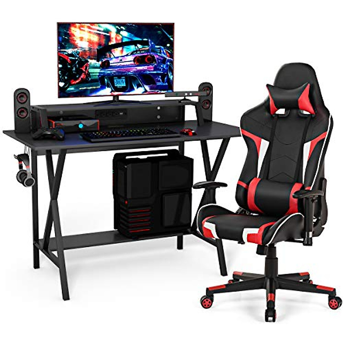Tangkula Gaming Desk and Chair Set, Ergonomic E-Sport Gamer Desk & Racing Chair Set w/Cup Holder, Monitor Stand, Earphone Hook, Massage & Headrest, Home Office Computer Desk Chair Set (Red)