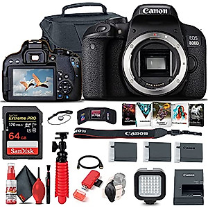 Canon EOS Rebel 800D / T7i DSLR Camera (Body Only), 64GB Memory Card, Case, Corel Photo Software, 2 x LPE17 Battery, Card Reader, LED Light, Tripod + More (Renewed)