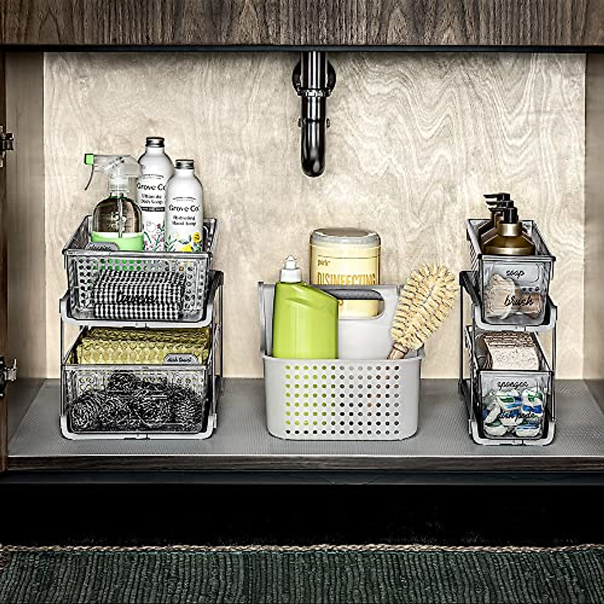 madesmart 2-Tier Plastic Multipurpose Organizer with Divided Slide-Out Storage Bins, Under Sink and Cabinet Organizer Rack, Clear