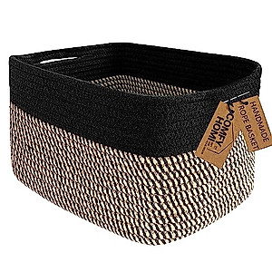 COMFY-HOMI Cotton Rope Square Basket With Handles for Shelves|Dog Toy Basket Bin and Storage|Baby Basket for Gift|Shoe Basket for Organizing|NEW 13.5" x 11" x 9.5" for Living Room（Black/Jute）