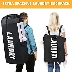 Laundry Backpack Bag Travel Laundry Backpack Extra Large Heavy Duty with Shoulder Straps Camp Nylon Laundry Hamper Bag with Drawstring Closure for College, Travel, Laundromat, Apartment, Camp (Black)
