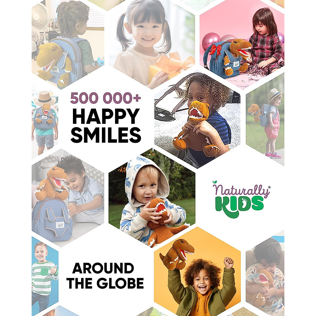 Naturally KIDS Small Dinosaur Backpack - Dinosaur Toys for Kids 3-5 - Toddler Backpack for Boy Girl w Stuffed Animal - Gifts for 3 Year Old Boy - w Pockets & Reflective Logo - Backpack w Brown T Rex