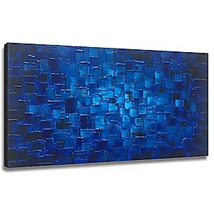 Gongyuanyihao Arts Modern Textured Abstract Squares Canvas Wall Art Hand Painted Artwork Dark Blue Oil Painting Picture for Home Decoration Framed Ready to Hang 48x24inch
