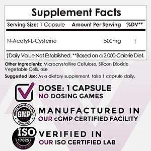 Nootropics Depot N-Acetyl L-Cysteine Capsules | 500mg | NAC | 180 Count | Supports Healthy Liver Function | Cellular Health | Glutathione Levels | Healthy Oxidation Levels