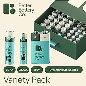 Better Battery Co. Variety Pack – AAA & AA & 9V Mixed Batteries – High-Performance Carbon Neutral Batteries with Organizer Box & Built-in Recycling Program – Bulk Combo Set 22x AA, 22x AAA & 2X 9V