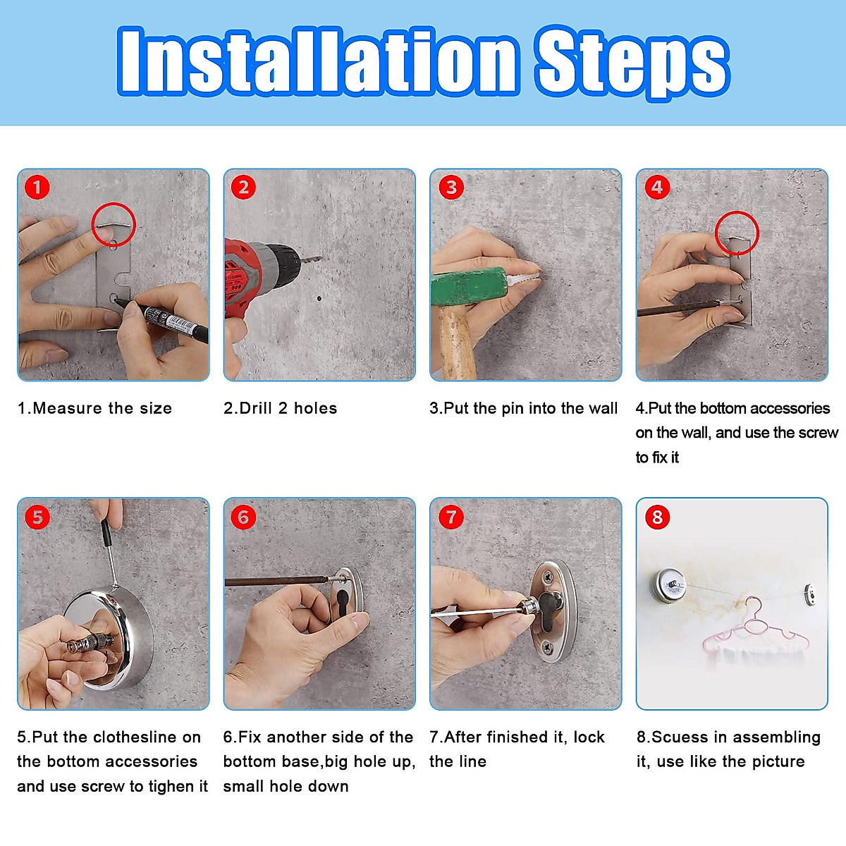 Little World Retractable Clothesline - 304 Stainless Steel Retractable Clothesline Indoor with Adjustable Nylon Rope, Wall Mounted Retractable Laundry Line, Laundry Accessories