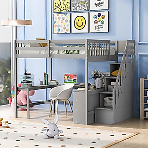 Merax Wood Full Size Loft Bed Frame with Built-in L Shaped Desk & 3 Storage Shelves & Attached Storage Stairs for Kids, No Box Spring Needed, Gray