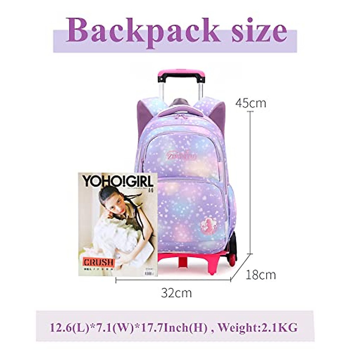 YJMKOI 3PCS Colorful Heart Print Rolling Backpack for Girls Elementary Trolley School Bag with Lunch Box