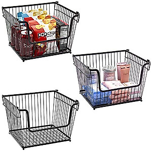Sorbus Wire Metal Basket Bin, Stackable Storage Baskets, Cubby Bins for Food, Kitchen, Home, Pantry Snack, Vegetable, Potato, Onion, Laundry Room, Office, Farmhouse, Iron Metal (3-Pack, Black)