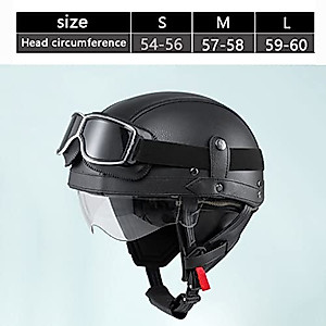 DOT Approved Motorcycle Half Helmet, Open Face Leather Helmet, with Goggles, Scooter Moped Chopper Electric Bicycle ATV Retro Helmet, Suitable for All Seasons, for Adults Unisex Youth-B-Small