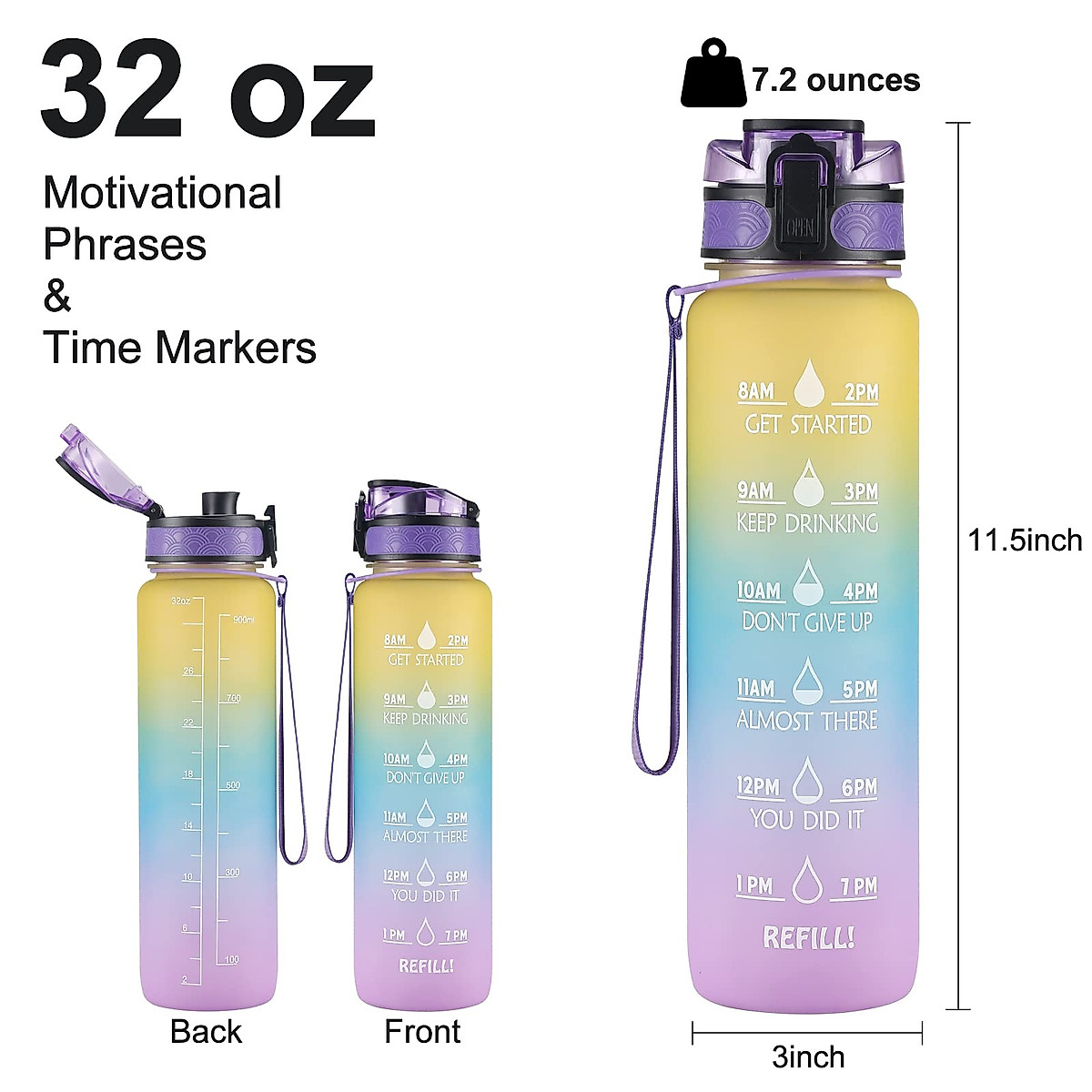 Kanglesdip 32 oz Large Water Bottle with Motivational Time Marker & Removable Strainer,Fast Flow BPA Free for Fitness, Gym and Outdoor Sports(Yellow/Blue/Purple, 32 oz)