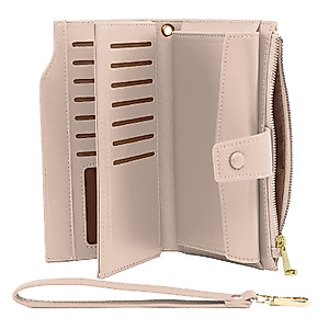 TAN.TOMI Wallet for Women RFID Blocking Vegan Leather Card Holder Phone Checkbook Organizer Zipper Coin Purse（Pink）