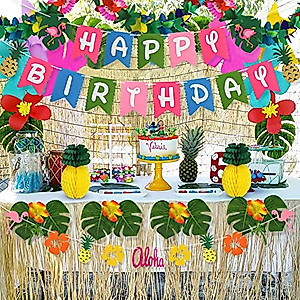 Hawaiian Party Decorations, Luau Birthday Party Decorations with Tropical Birthday Banner Palm Leaves Hibiscus Flowers Paper Pineapples Flamingo and Pineapple Garland for Summer Beach Moana Party