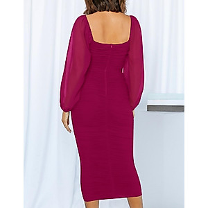 ZESICA Women's Sexy Ruched Bodycon Midi Dress Long Puff Sleeve Square Neck Backless Cocktail Party Wedding Dresses,Plum,Small