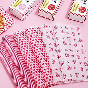 Whaline 150Pcs Valentine's Day Wax Paper Sheets Heart Rose Stripe Pink Food Picnic Paper Greaseproof Waterproof Wrapping Tissue for Food Deli Hamburger Sandwich Valentine's Day Cooking Frying