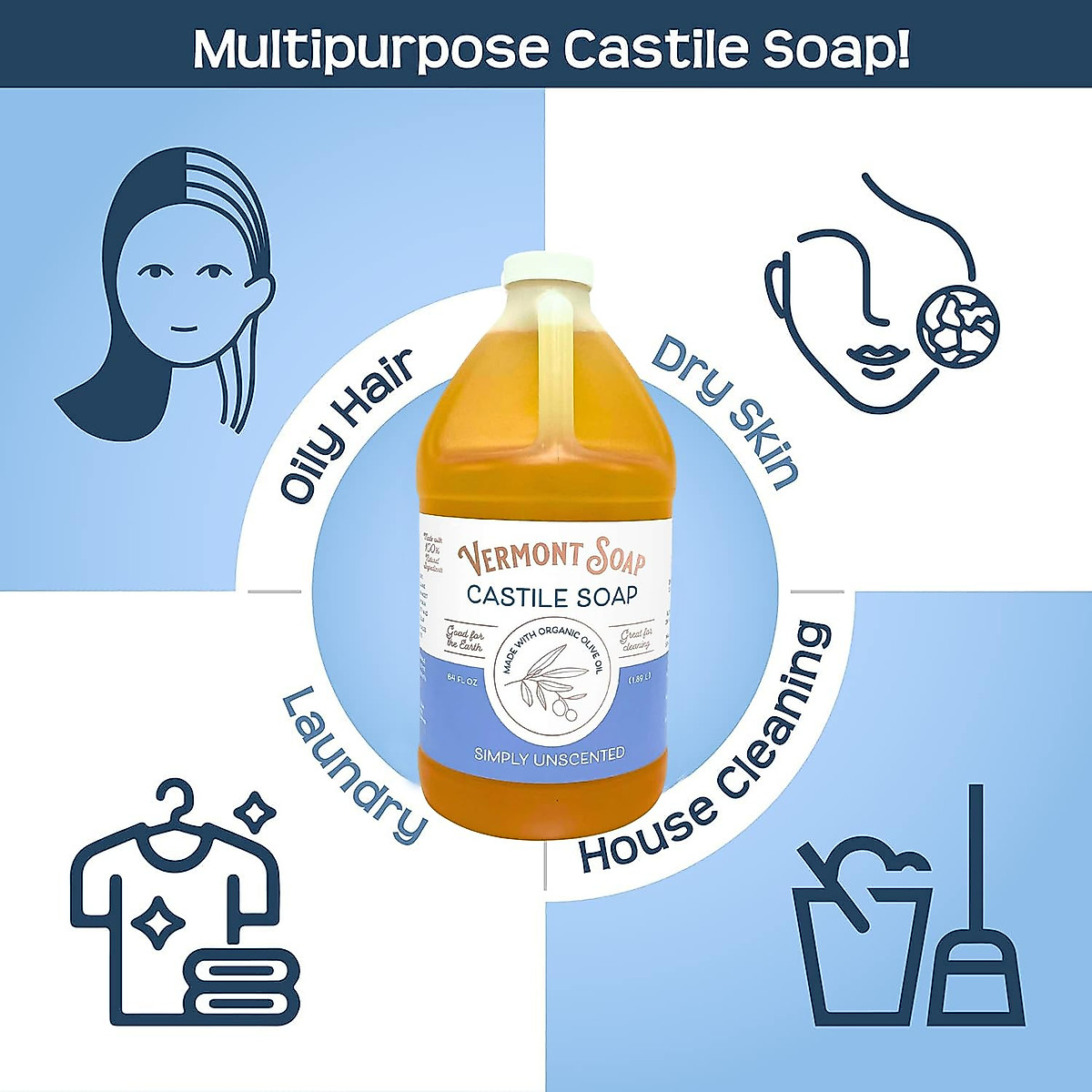 Vermont Castile Soap Unscented, Gentle Liquid Soap for Sensitive Skin & Natural Body Wash, Organic Hair Shampoo for Oily Hair, Aloe Castile Soap for Men & Women - 64 Oz