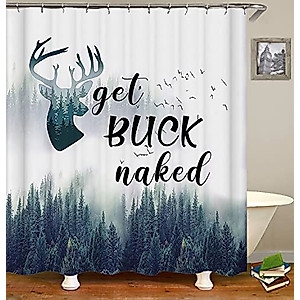 Camille&Andrew 4PCS Deer Antler Shower Curtain Set with Rugs, Green Pine Tree Misty Forest Nature Scenery Funny Quote Bird Elk Moose Wildlife Animal Hunting Rustic Cabin Bathroom Decor, Get Buck Naked