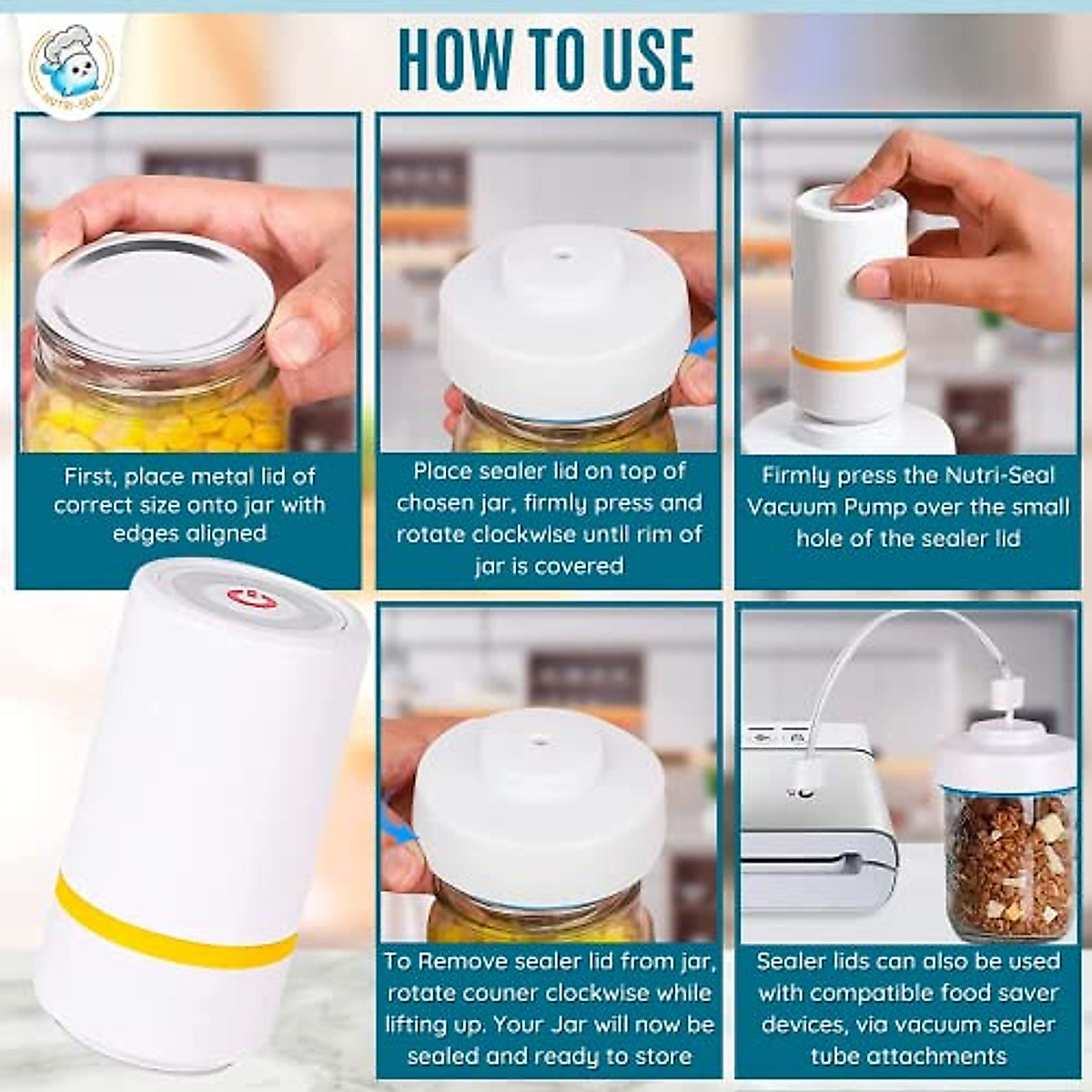 Nutri-Seal™ Electric Mason Jar Vacuum Sealer Kit - Easy to Use - Fits Wide & Regular Mouth Mason Jars - Compatible with All FoodSaver Models - Electric Handheld Vacuum Sealer For Jars & Vacuum Seal Containers - Includes Electric Vacuum Pump w/Compatibilit