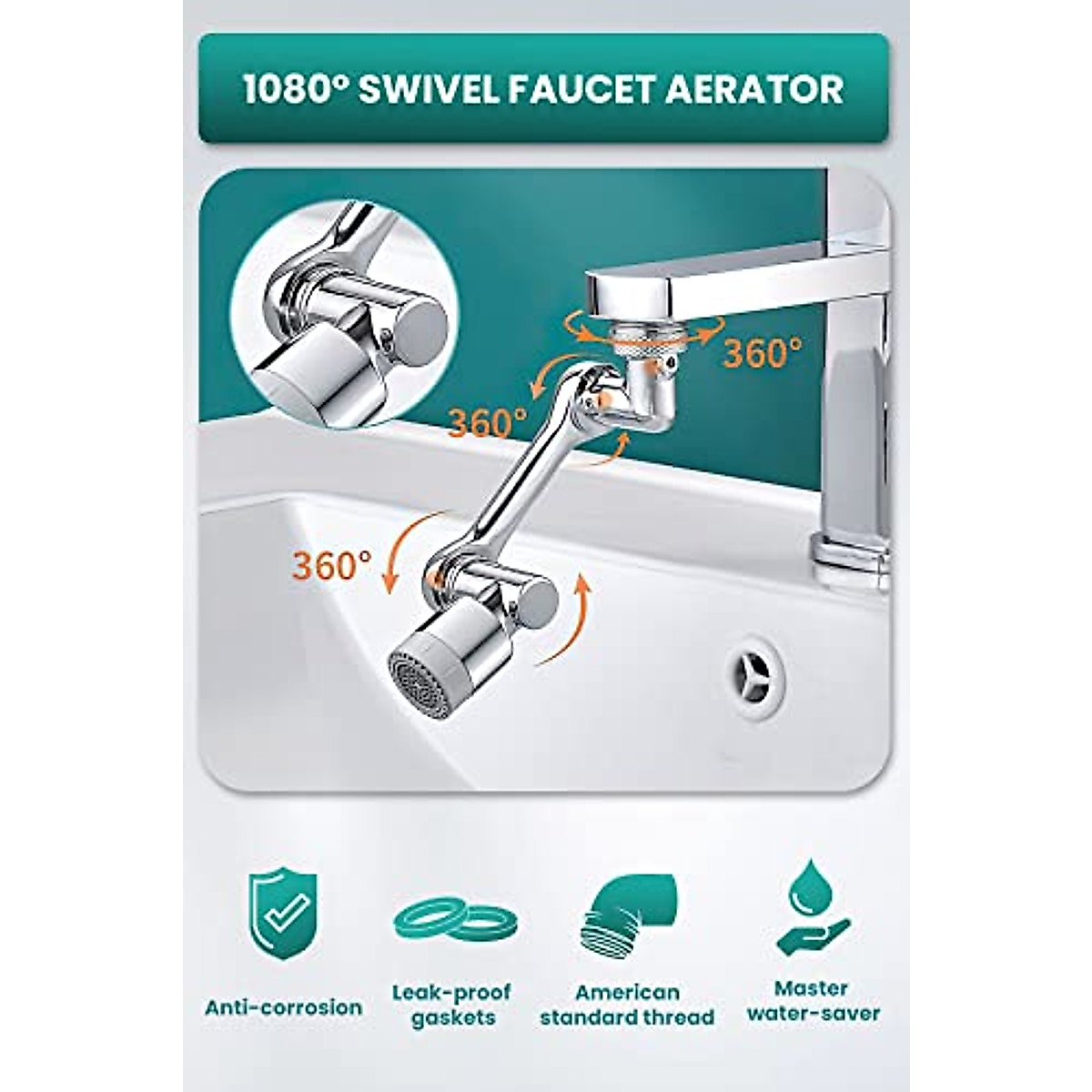 WIRELEL1080° Rotating Faucet Extender, Universal Splash Filter Faucet Aerator with 2 Water Flow Mode with Rubber Gaskets for Bathroom Kitchen Faucet
