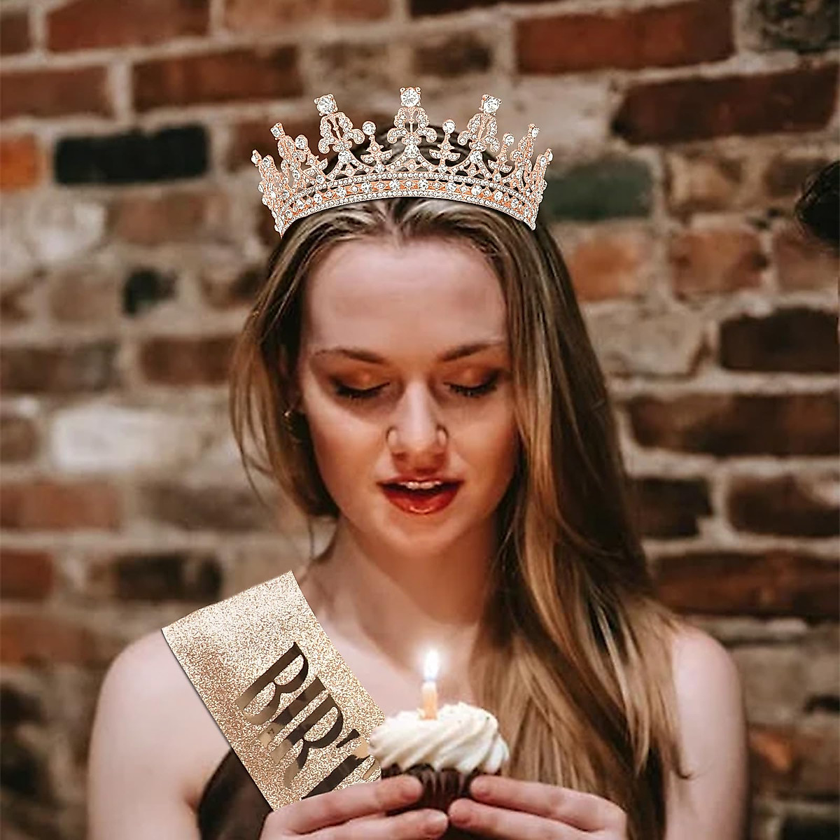 CURASA Rose Gold Birthday Queen Crown and Sash Birthday for Women Birthday Crowns Decorations Birthday Tiara and Sash for Women Princess Tiara with Comb Princess Crown Girl Tiara Party for Girls