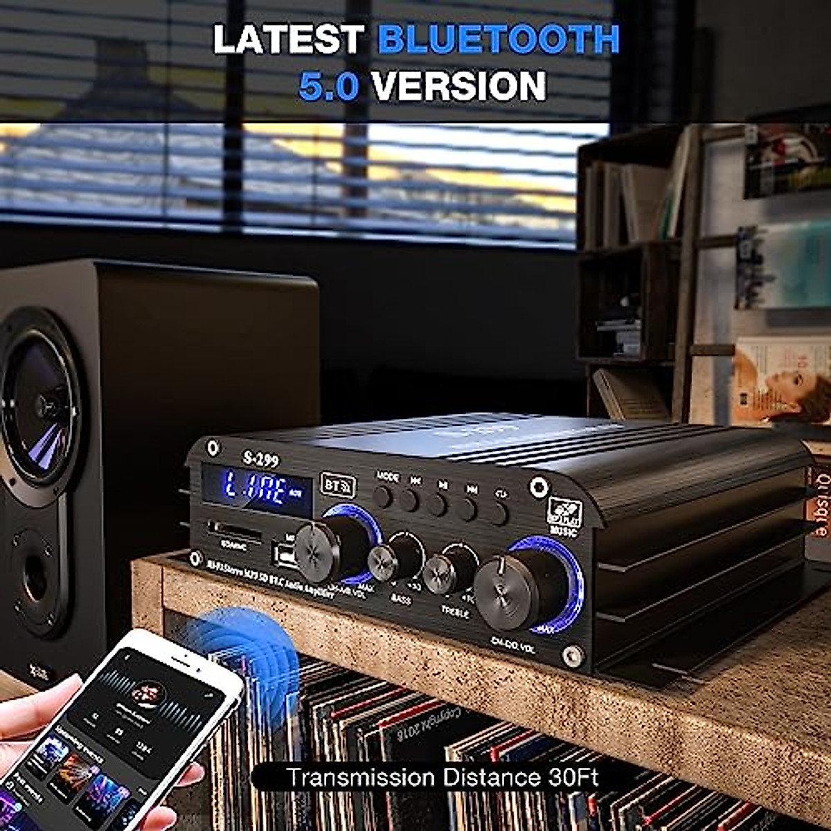 Facmogu S-299 4.1CH Bluetooth Power Amplifier with Active Subwoofer Output Max 800W RMS 40Wx4 Subwoofer Amplifier Hi-Fi Integrated Mini Speaker Amp Audio Sub Bass Amp Remote Control & 12V Power Supply