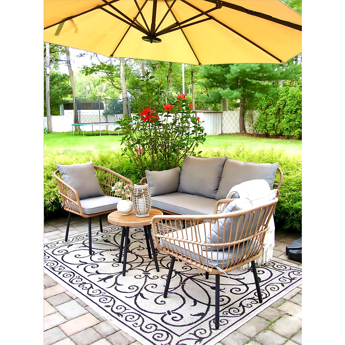 YITAHOME 4 Pieces Patio Furniture Set, Wicker Balcony Bistro Set, Outdoor All-Weather Rattan Conversation Set with Loveseat Chairs Table Soft Cushions for Backyard, Pool, Deck, Garden - Grey