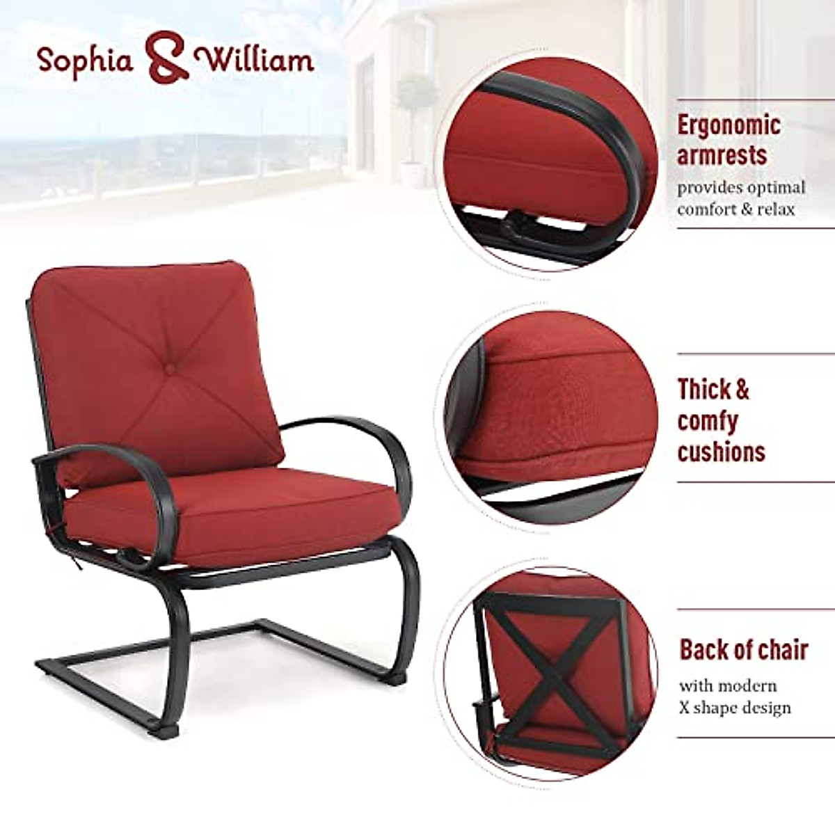 Sophia & William Patio Dining Chairs Set of 4 Outdoor Metal C Spring Motion Chairs Patio Chairs Set with Cushions for Deck Lawn Garden Pool Backyard, Red