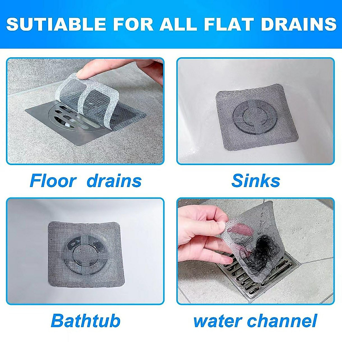 60 Pcs 4" X 4" Disposable Shower Drain Hair Catcher, Bathroom Drain Hair Catcher,Drain Mesh Cover, Drain Mesh Strainer. Suitable for bathrooms, Laundry Rooms, bathtubs, Kitchens, Sinks