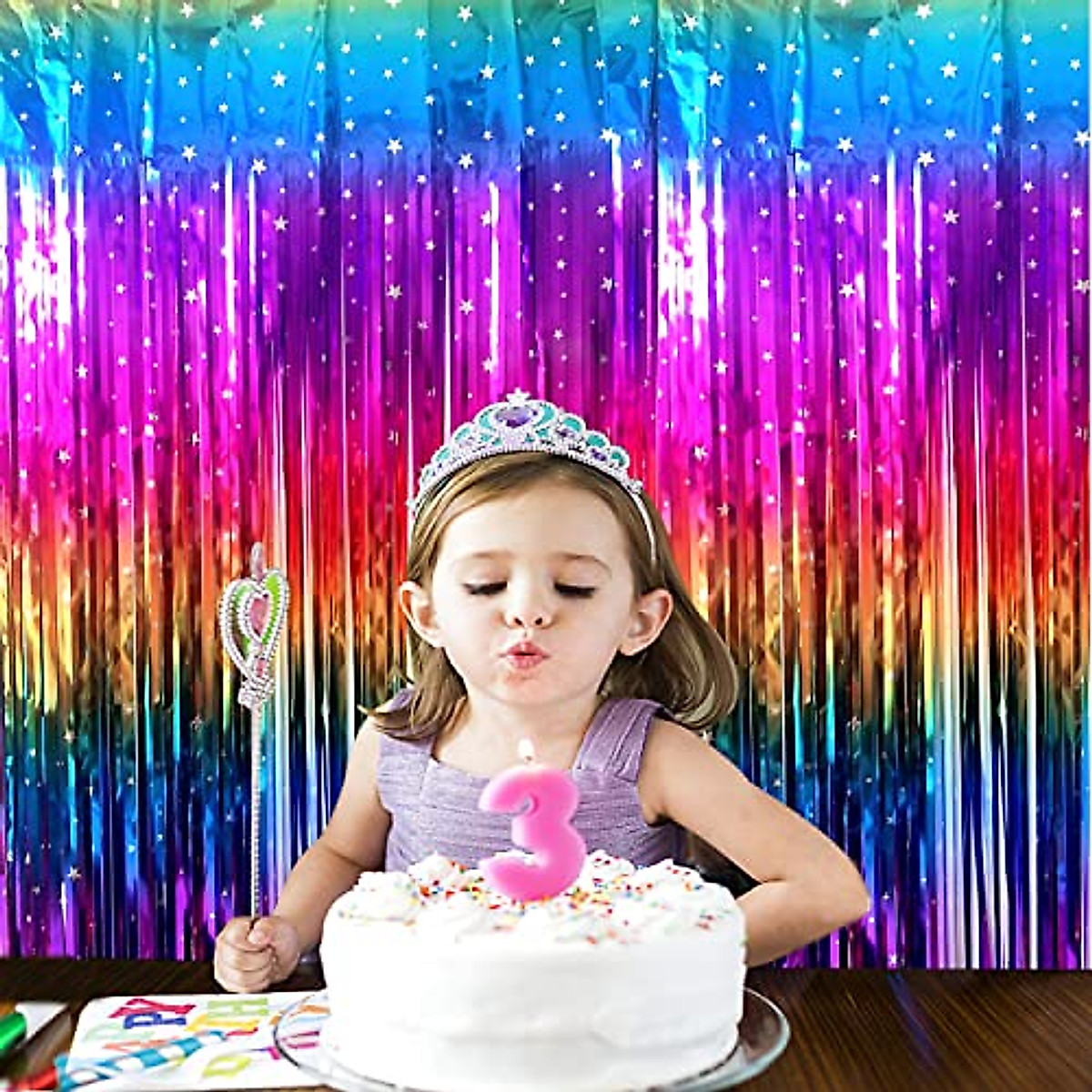 2 Pack Backdrop Curtain 3.3FT x 8.1FT Metallic Tinsel Foil Fringe Curtains Photo Booth Background for Birthday Party Baby Shower Wedding Engagement Bridal Decorations Sparkly Rainbow